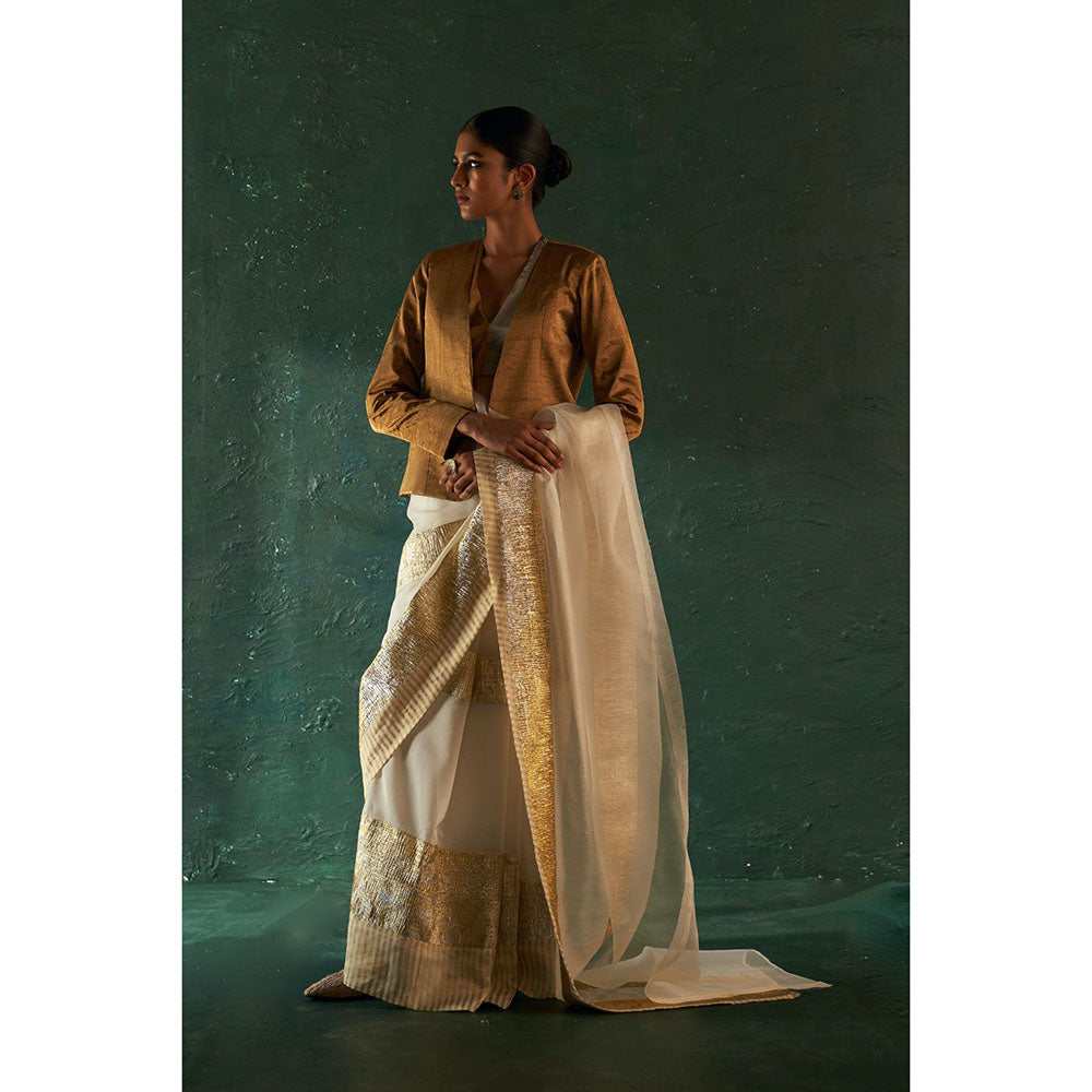 Charkhee Midas Ivory Saree With Tissue Blouse & Blazer – Nykaa Fashion