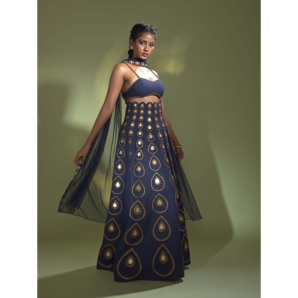AURUL Navy Blue Eri Silk High-Waist Lehenga with Choli and Dupatta (Se ...