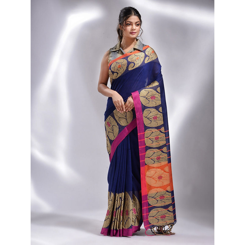 CHARUKRITI Royal Blue Pure Cotton Handwoven Kolka Border Saree with Un ...