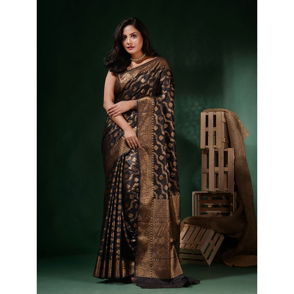 CHARUKRITI Black Silk Blend Handwoven Soft Nakshi Pattern Saree with U ...