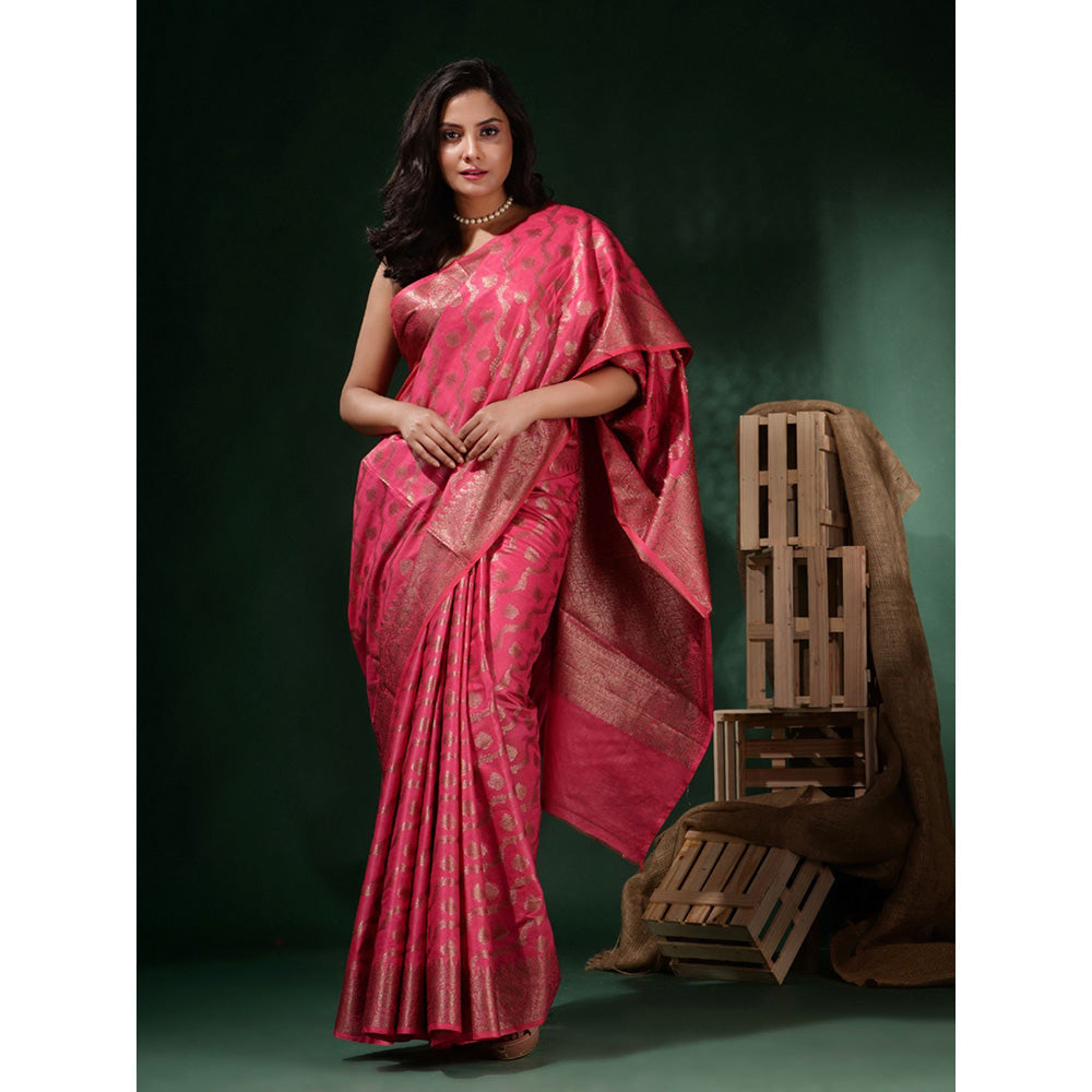 CHARUKRITI Taffy Pink Silk Blend Handwoven Soft Nakshi Pattern Saree w ...