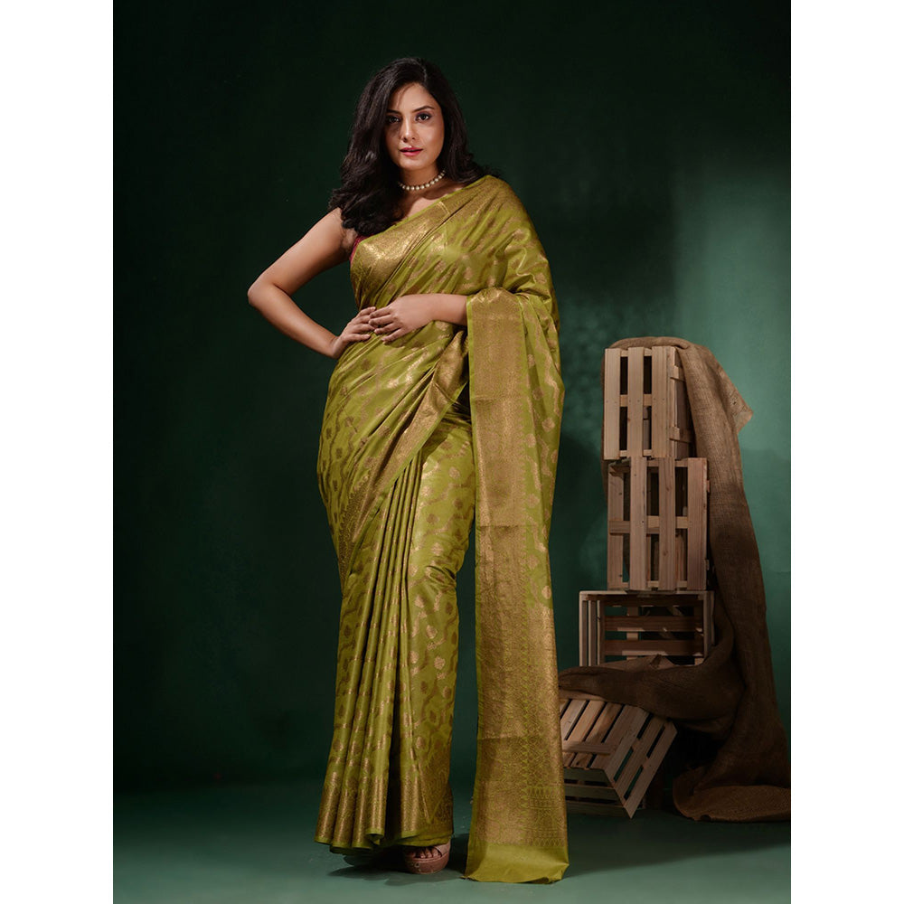 CHARUKRITI Sap Green Silk Blend Handwoven Soft Nakshi Pattern Saree wi ...