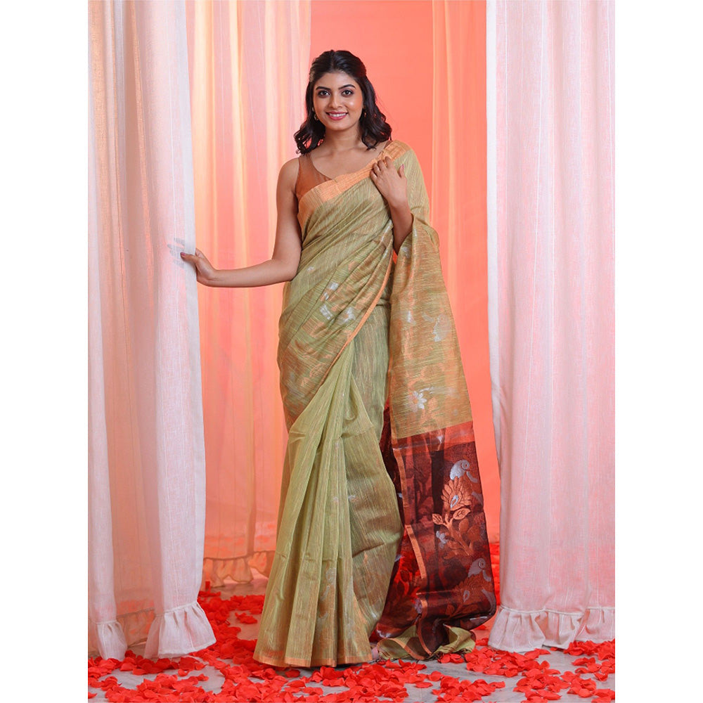 CHARUKRITI Pistachio Green Cotton Blend Handwoven Flower Motifs Saree ...