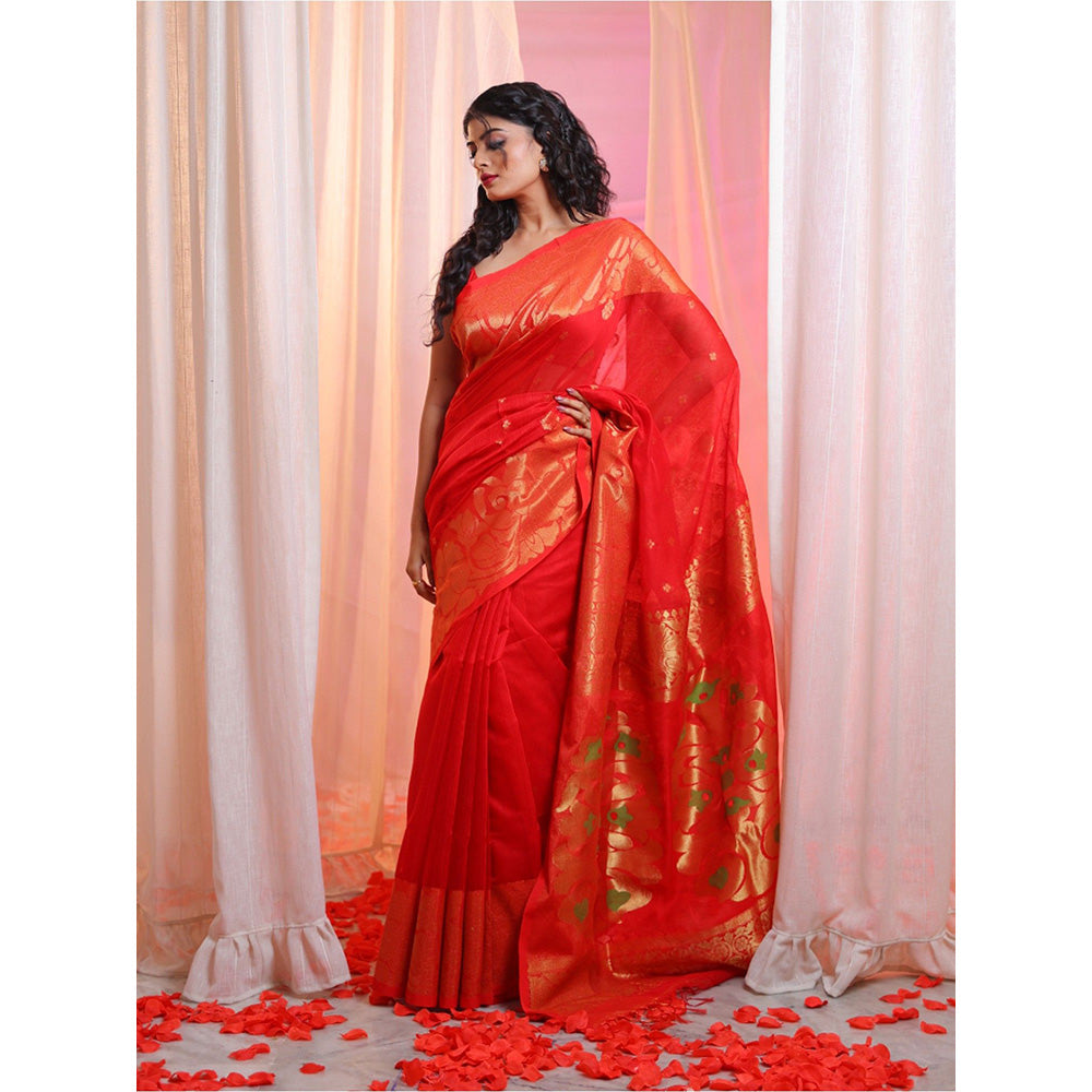 CHARUKRITI Red Cotton Blend Handwoven Saree with Flower Border with Un ...