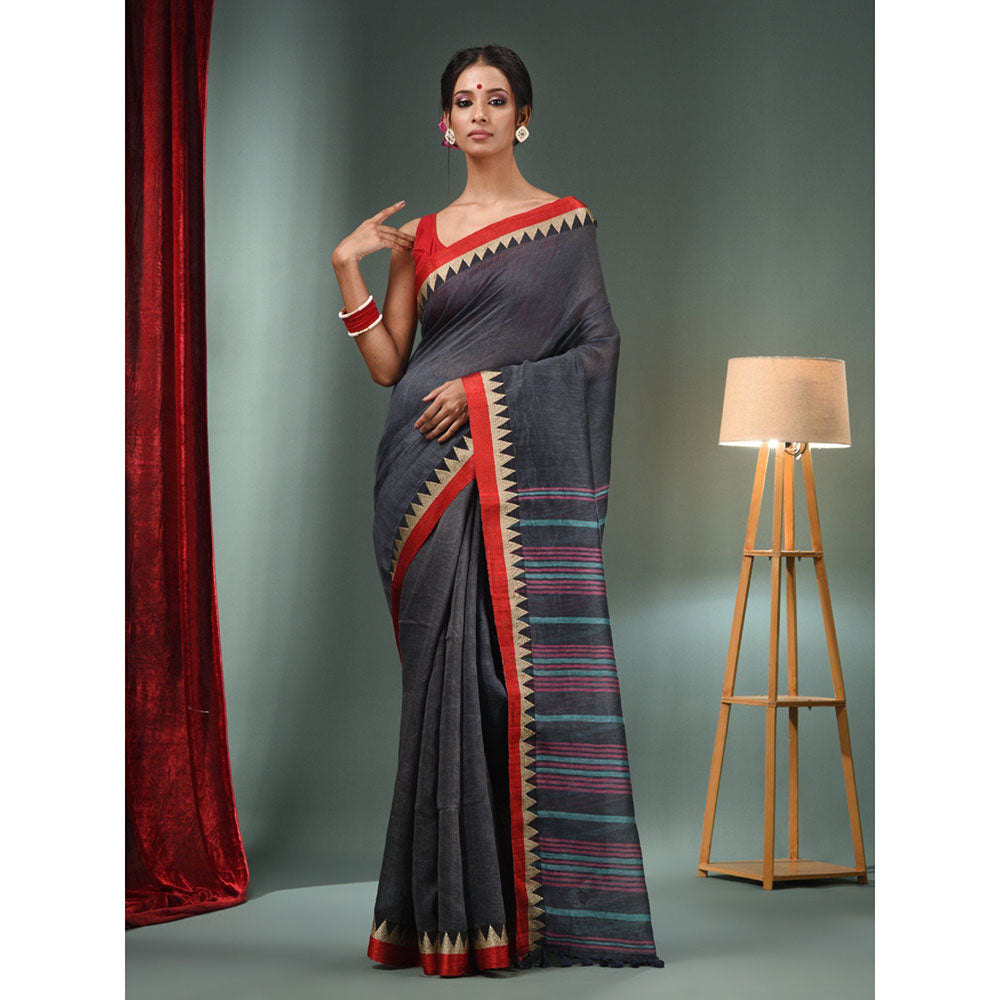 CHARUKRITI Grey Silk Linen Handwoven Saree with Temple Border & Unstit ...