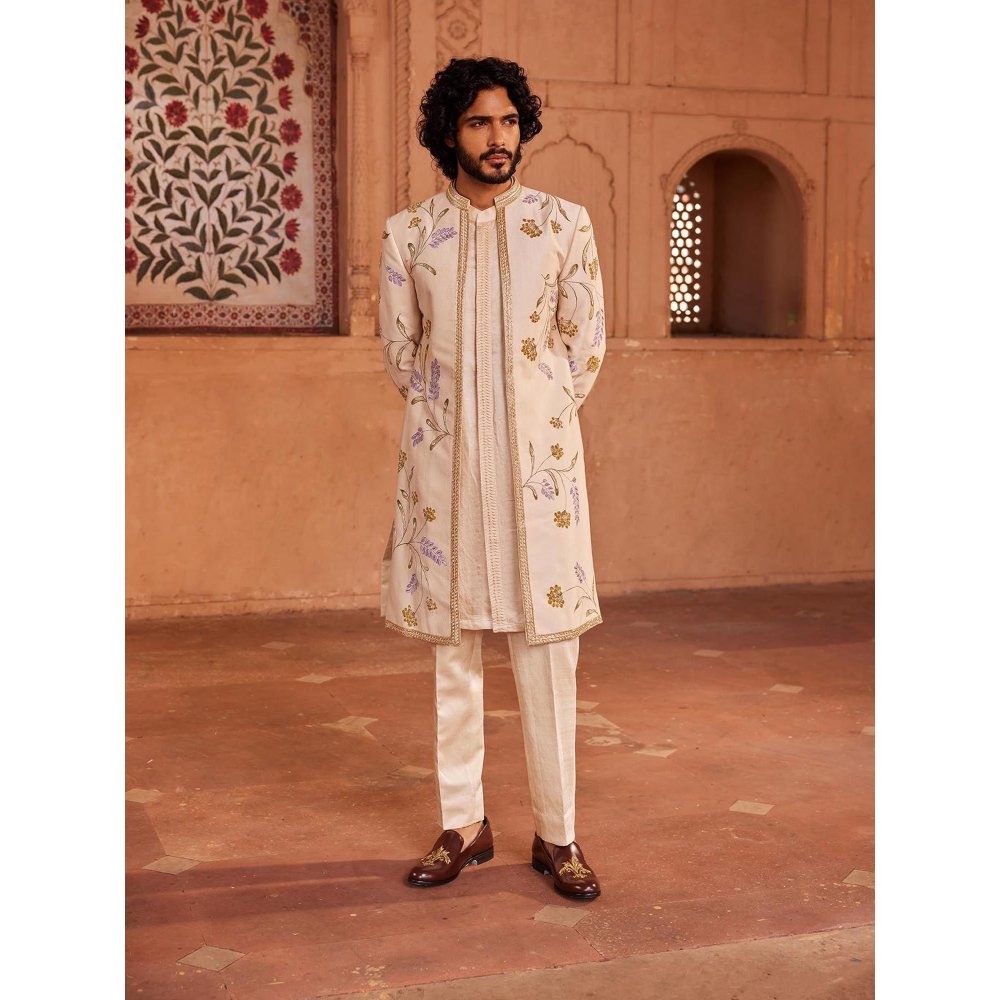 CONTRAST BY PARTH Ivory Jahan Open Sherwani with Kurta and Pant (Set o ...