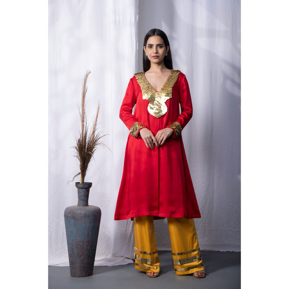 Kanika Verma Red Sun Boarding Embellished Kurta with Pant and Dupatta ...
