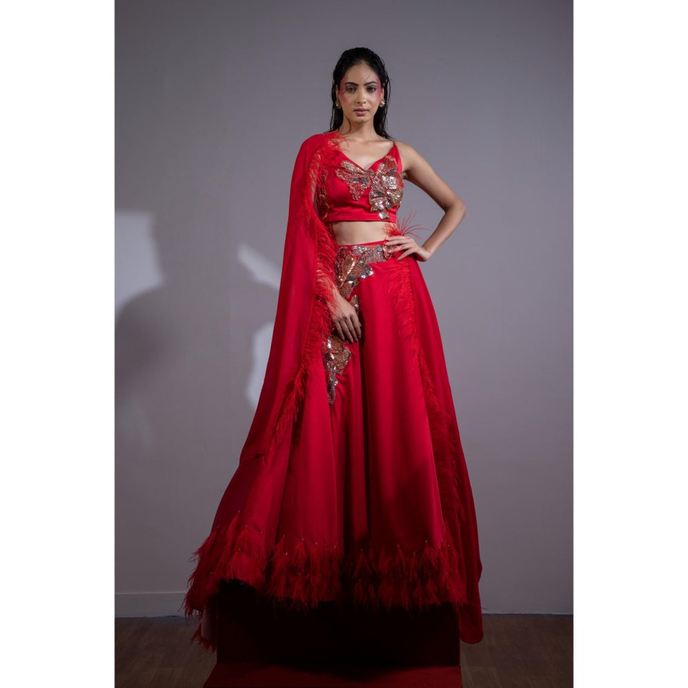 Kanika Verma Alwadi Deep Red Embellished Blouse with Lehenga and Dupat ...