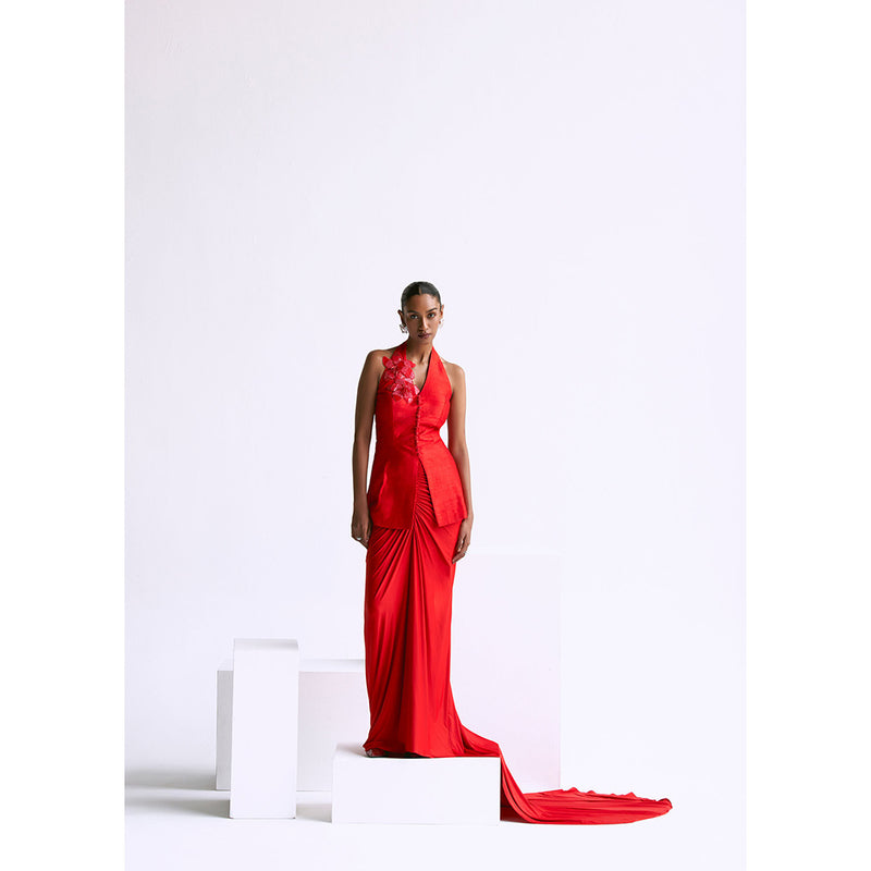 Manika Nanda Red Halter Jacket With Draped Skirt (Set of 2) – Nykaa Fashion