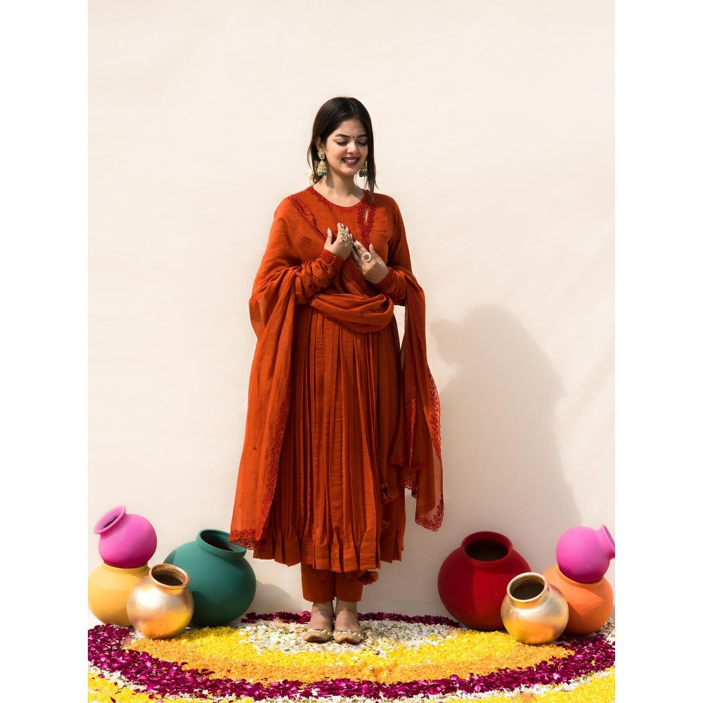 MITHI SUPARI Rust Gulmohar Angarkha Kurta with Pant and Dupatta (Set o ...