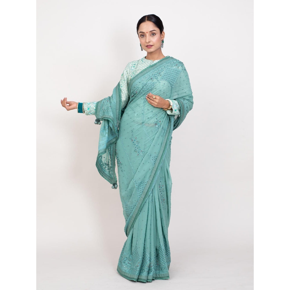 Monika Mathuria Datta Green Hand Embroidered Saree with Stitched Blous ...