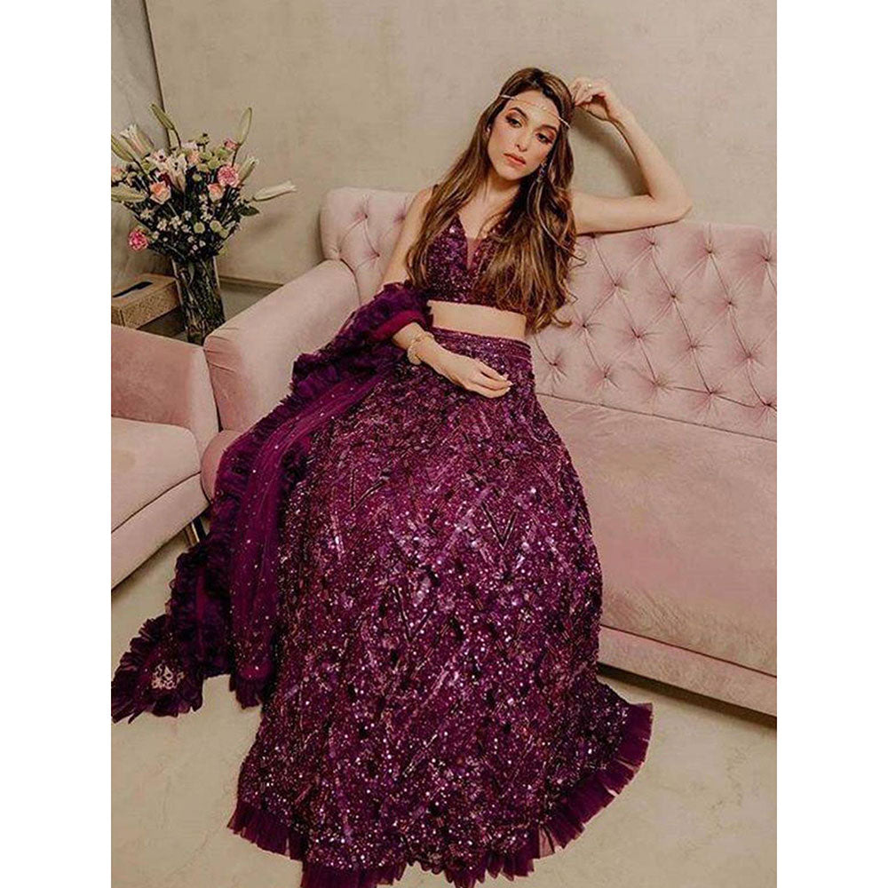 Odette Flashy Purple Semi Stitched Lehenga with Unstitched Blouse (Set ...