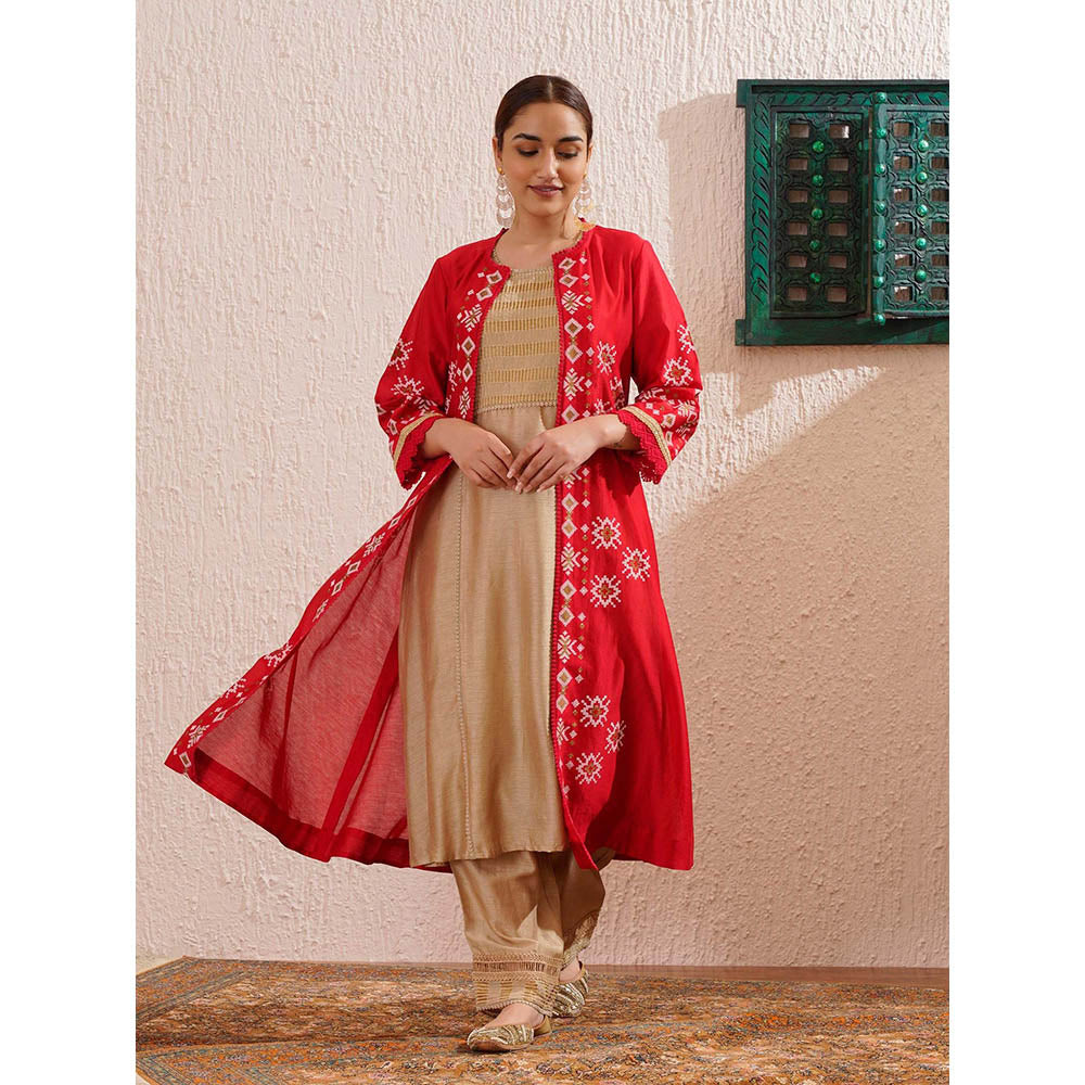OMI Red Block Printed Kurta with Pant and Jacket (Set of 3) – Nykaa Fashion