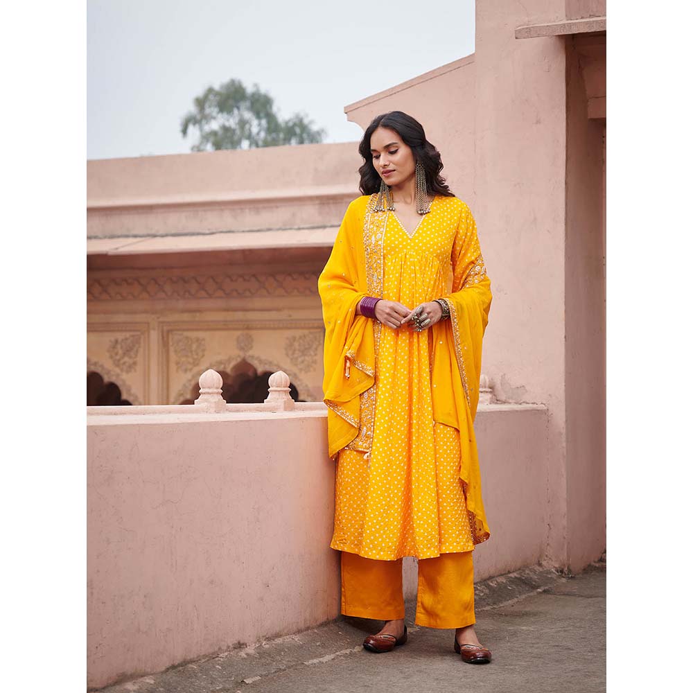 PINK CITY BY SARIKA Bandhni Cross Yoke Kurta with Pant and Dupatta (Se ...