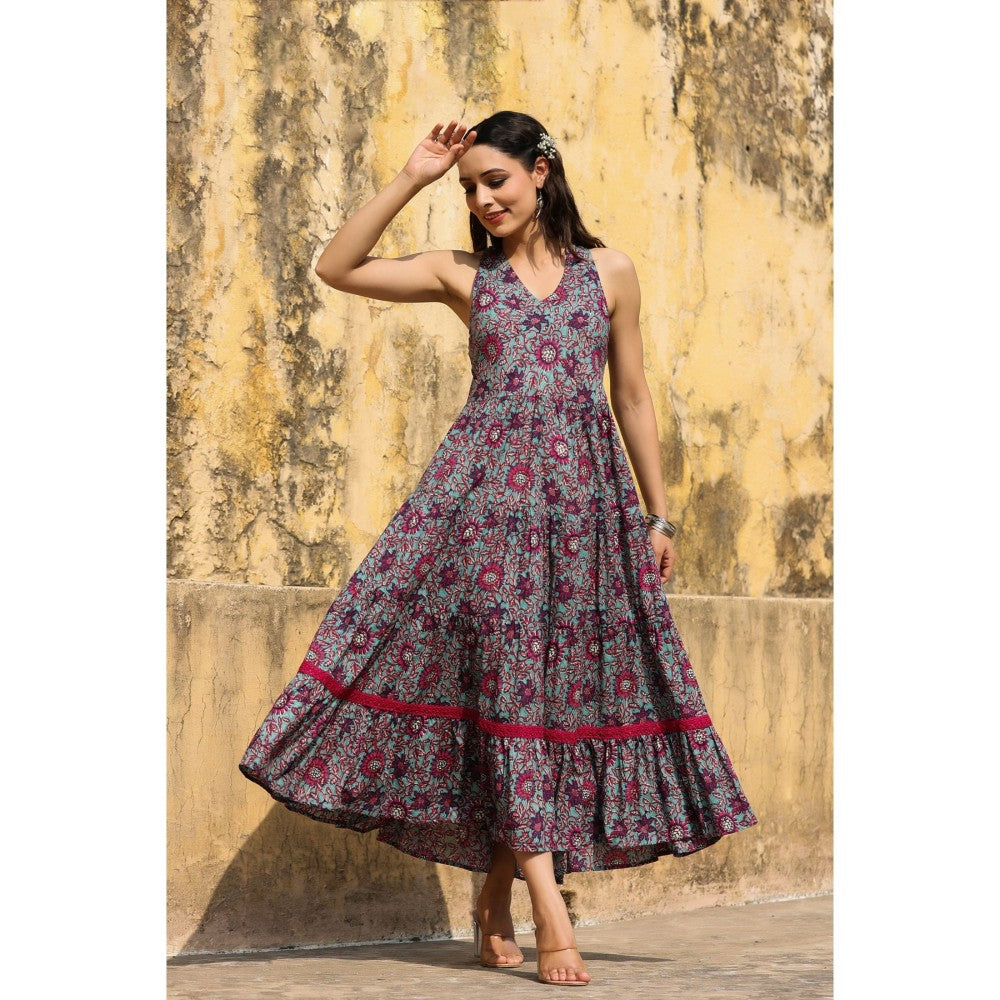 Rain & Rainbow Women Wine Floral Printed Pure Cotton Flared Ethnic Dre ...