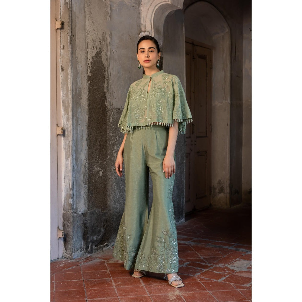 Sshilpa Samriya A Pista Green Side Cut Cape with Pant and Bustier (Set ...