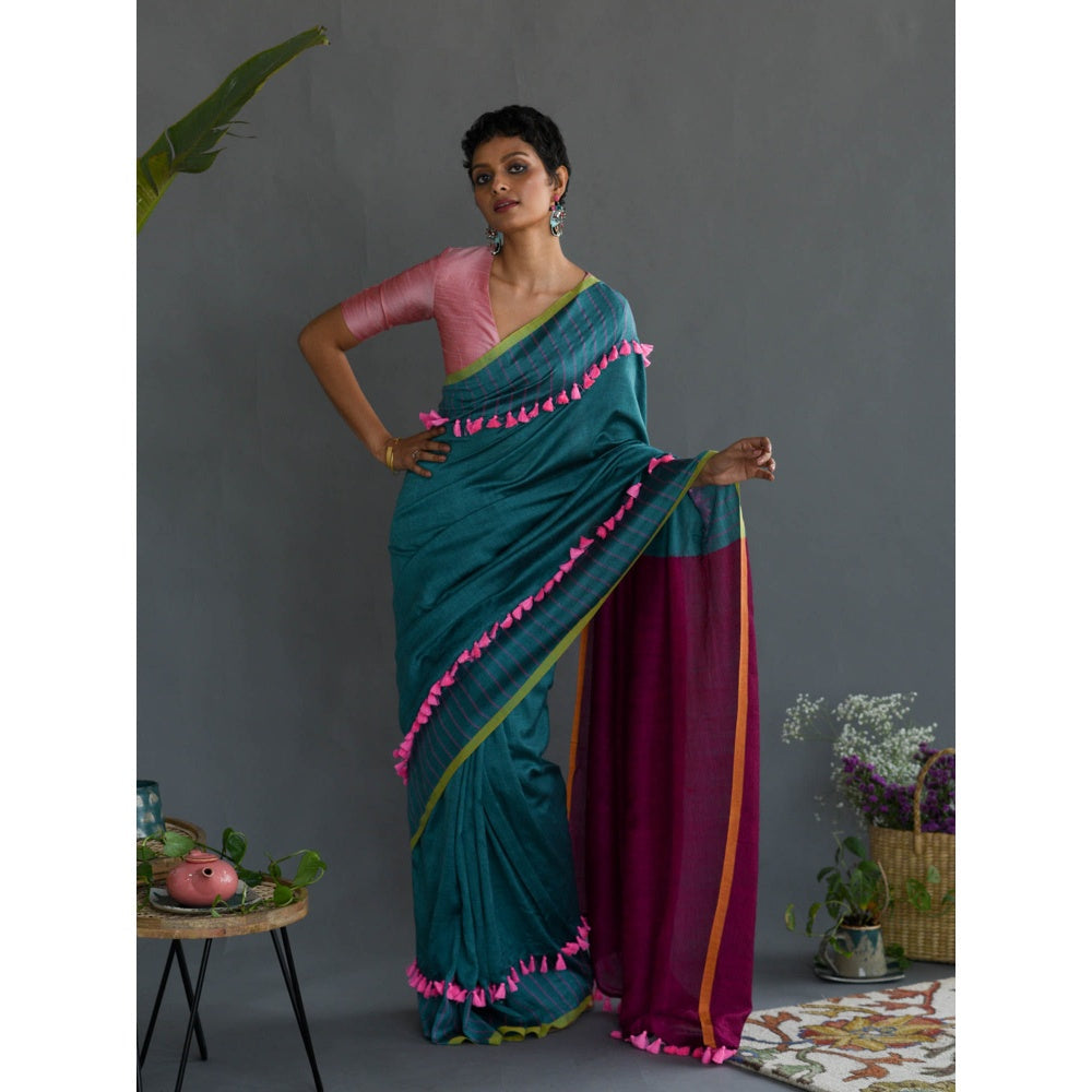 Suta Teal Colorblocked Cotton Acrylic Saree – Nykaa Fashion