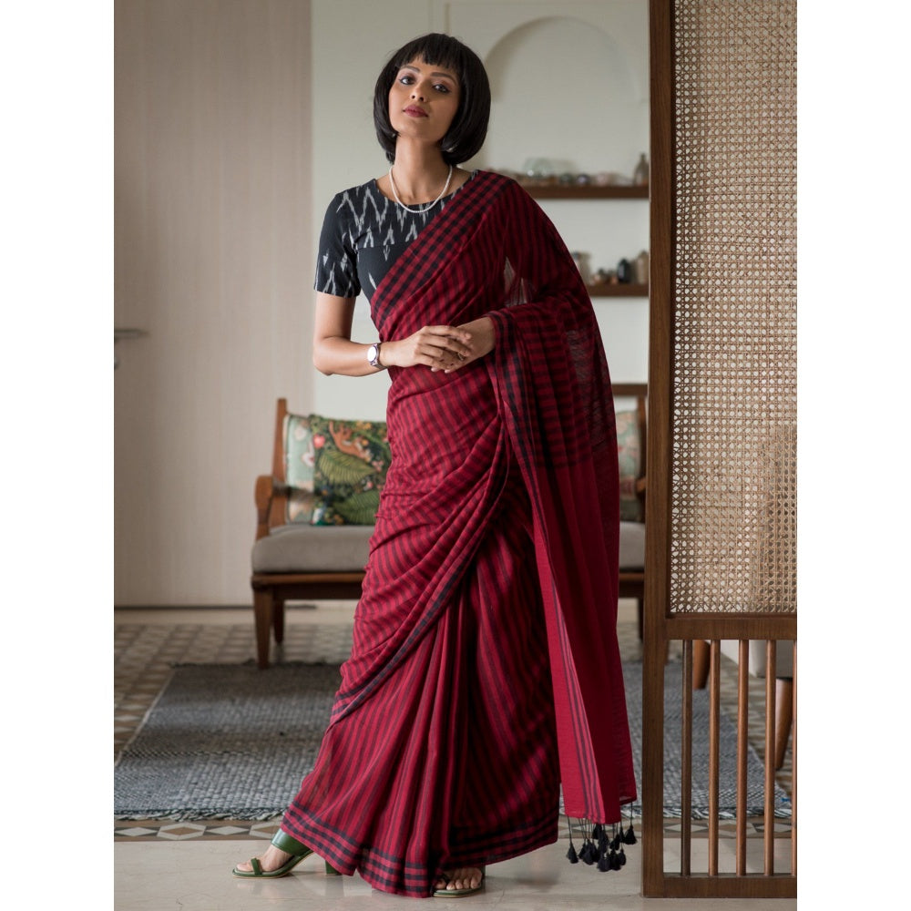 Suta Maroon Stripe Pure Cotton Saree with Unstitched Blouse – Nykaa Fashion