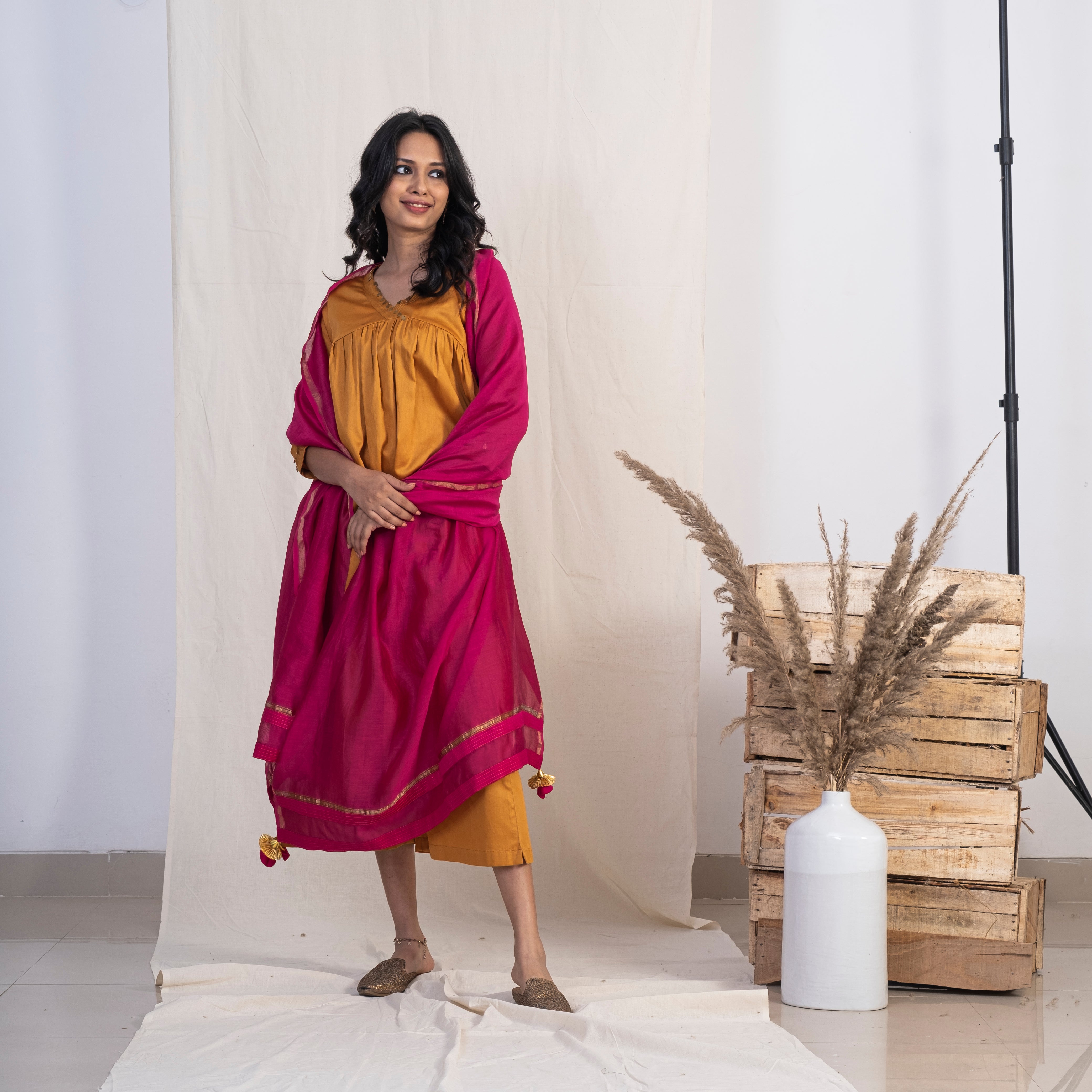 Akiso Gold V Neck Full Pleated Kurta With Palazzo And Pink Dupatta (Se ...