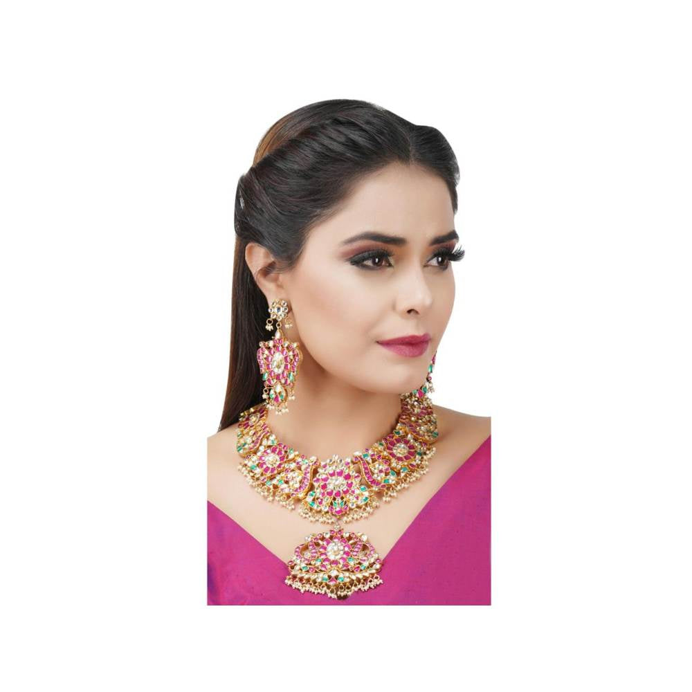Auraa Trends 22Kt Gold Plated Kundan Traditional Pink and Green Neckla ...