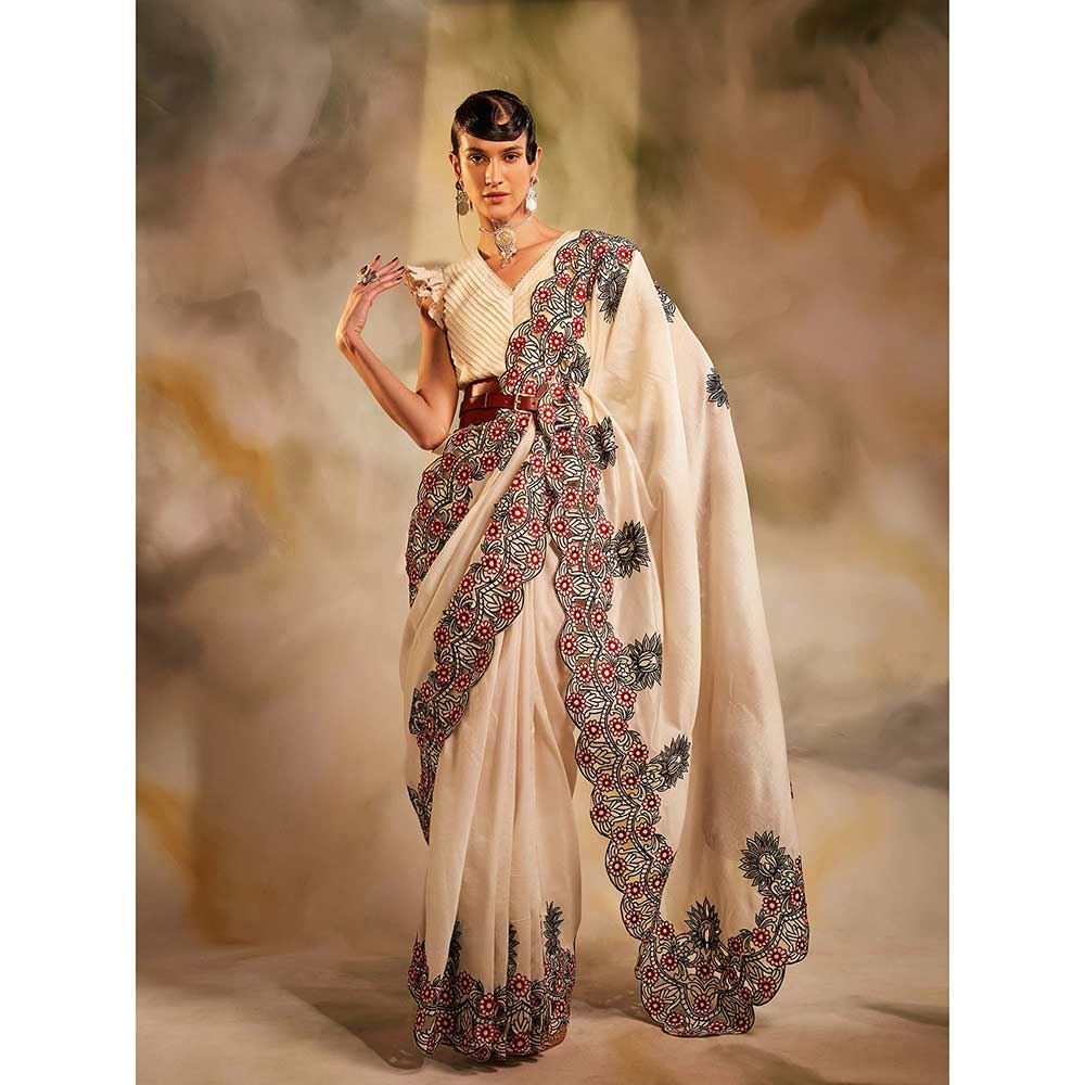 CHANDRIMA Ivory And Black Cutwork Saree – Nykaa Fashion