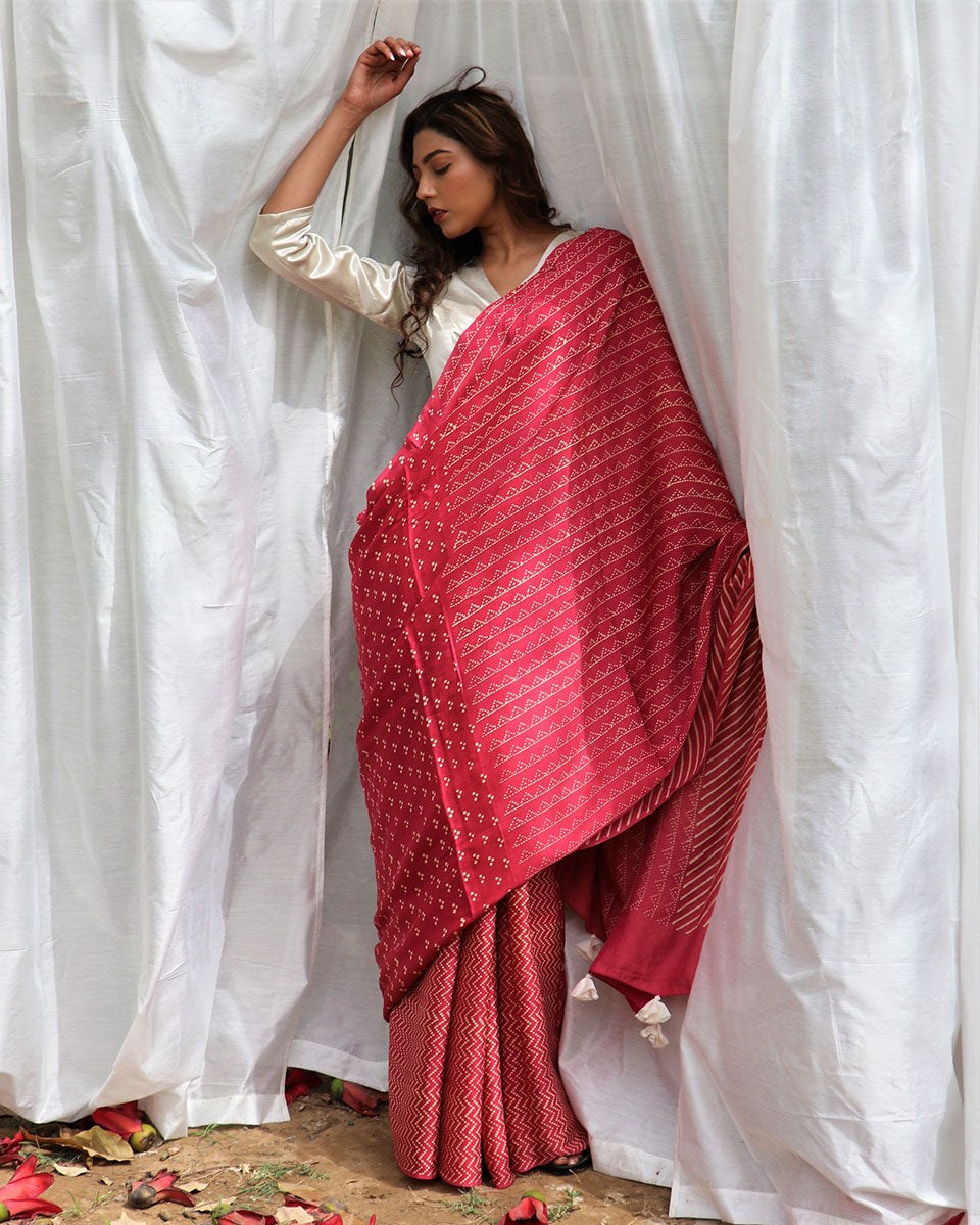 Carrot pink modal silk blockprinted saree - Kite | Chidiyaa – Nykaa Fashion