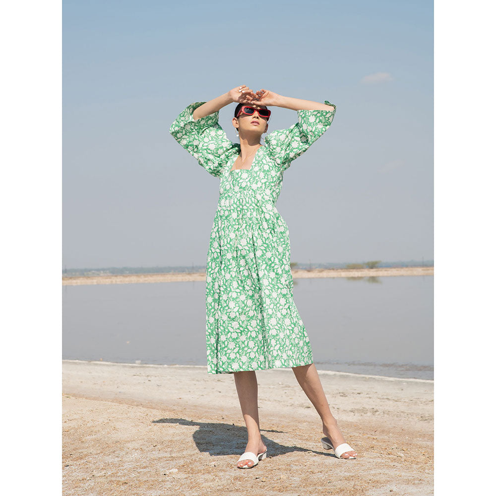 MARCHE Green Basille Victoria Hand Block Printed Cotton Midi Dress ...