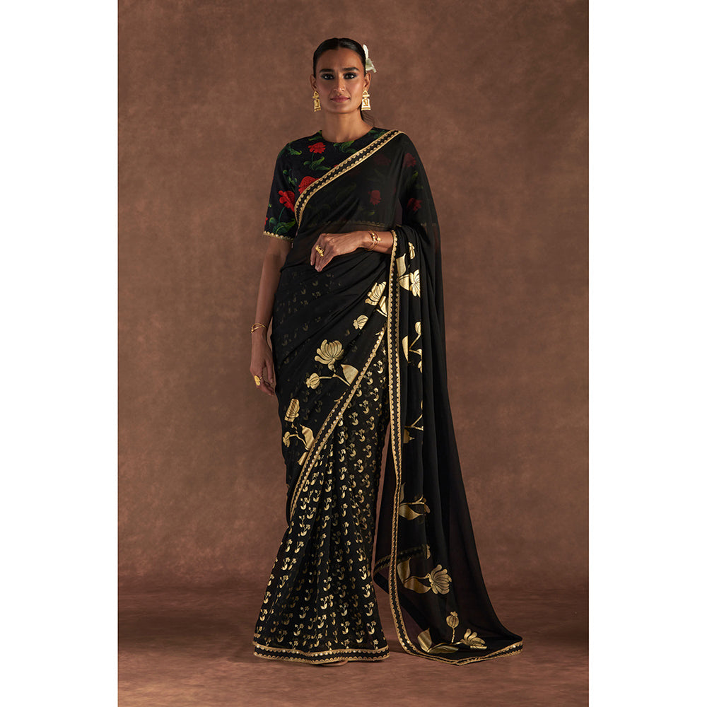 Masaba Black Spring Bud Saree with Unstitched Blouse – Nykaa Fashion