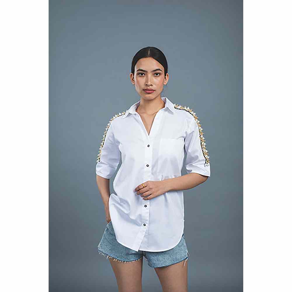 Pallavi Swadi White Audrey Pearl Ribbon Shirt – Nykaa Fashion