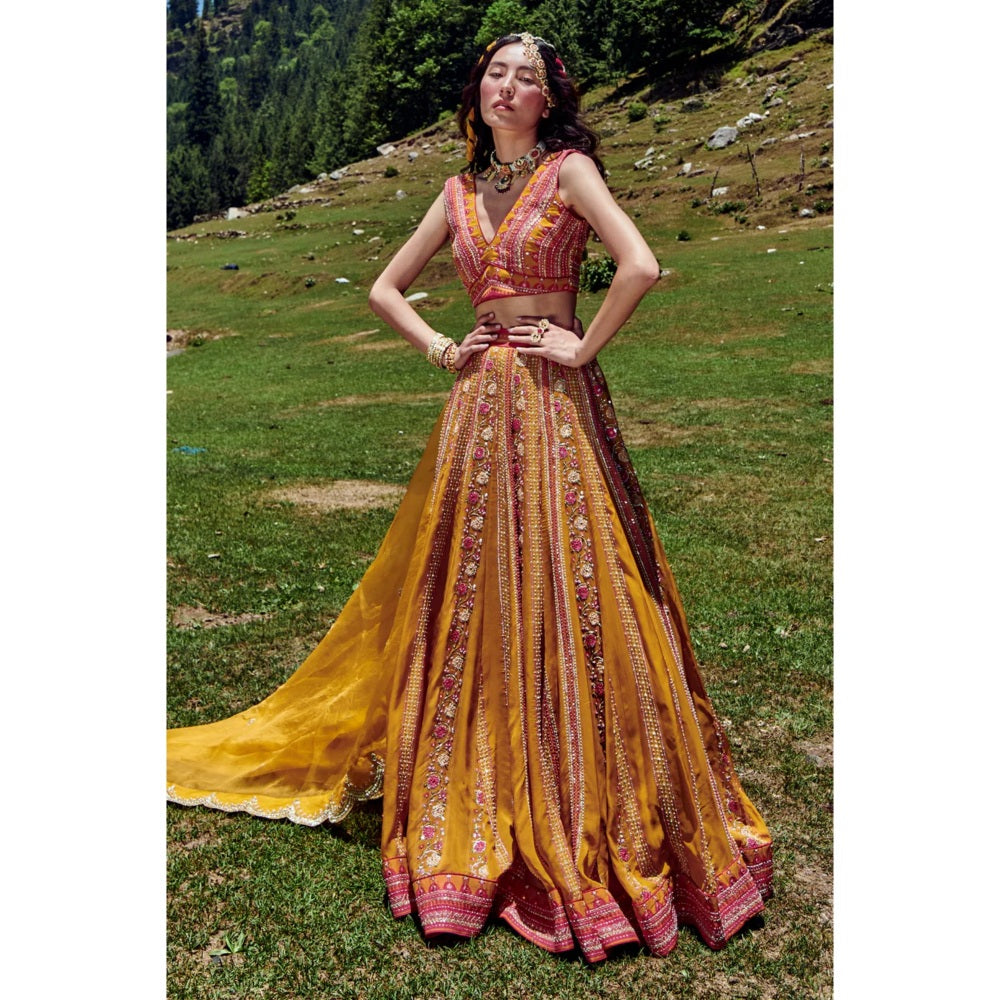 Paulmi & Harsh Ochre Yellow Rose Border Lehenga (Set of 3) – Nykaa Fashion