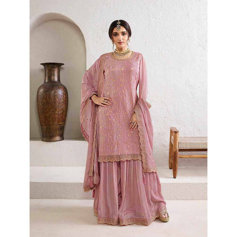 Seerat Pink Jacquard Straight Kurta with Chinon Sharara & Chinon Dupat ...