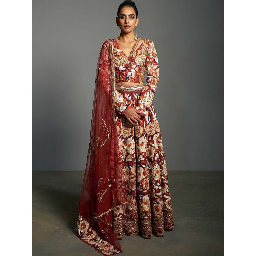 Saksham & Neharicka Red Embroidered Stitched Blouse & Lehenga With Dup ...
